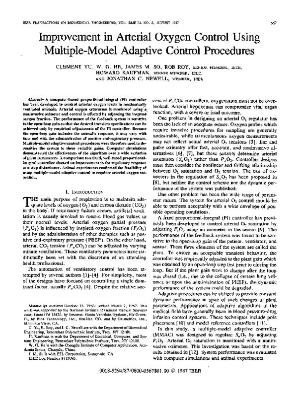 (PDF) Improvement in Arteral Oxygen Control Using Multiple-Model Adaptive Control Procedures