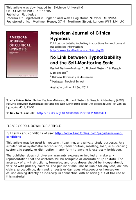 (PDF) No Link between Hypnotizability and the Self-Monitoring Scale
