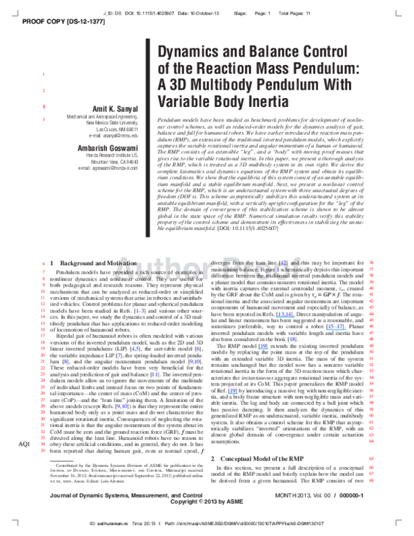 (PDF) Dynamics and Balance Control of the Reaction Mass Pendulum: A Three-Dimensional Multibody ...