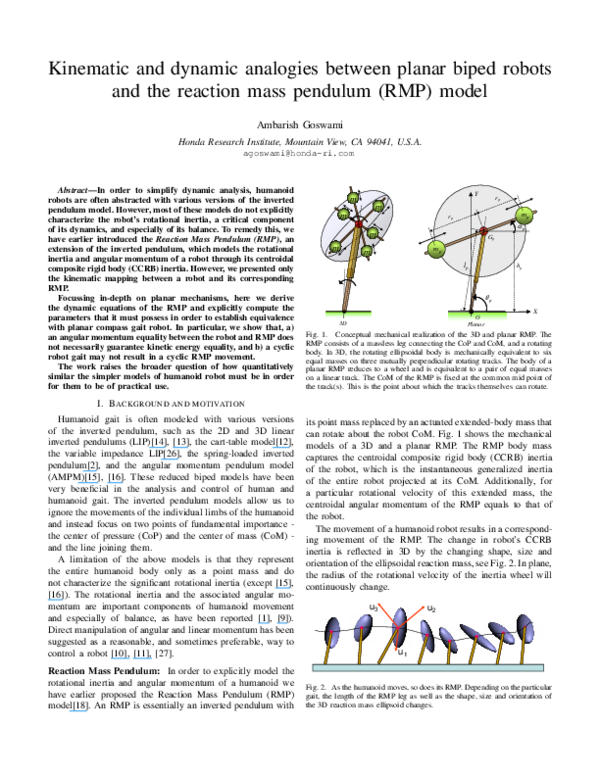 (PDF) Kinematic and dynamic analogies between planar biped robots and the reaction mass pendulum ...
