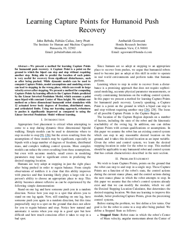 (PDF) Learning Capture Points for humanoid push recovery