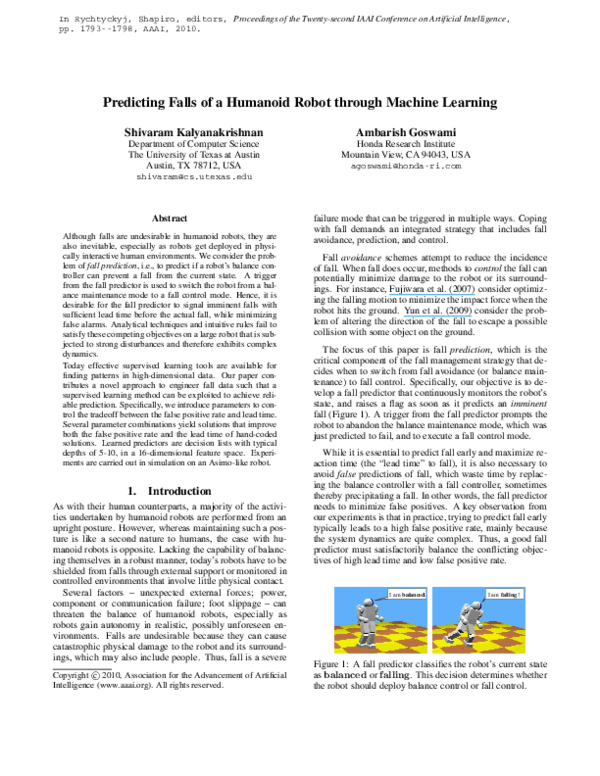 (PDF) Predicting Falls of a Humanoid Robot through Machine Learning