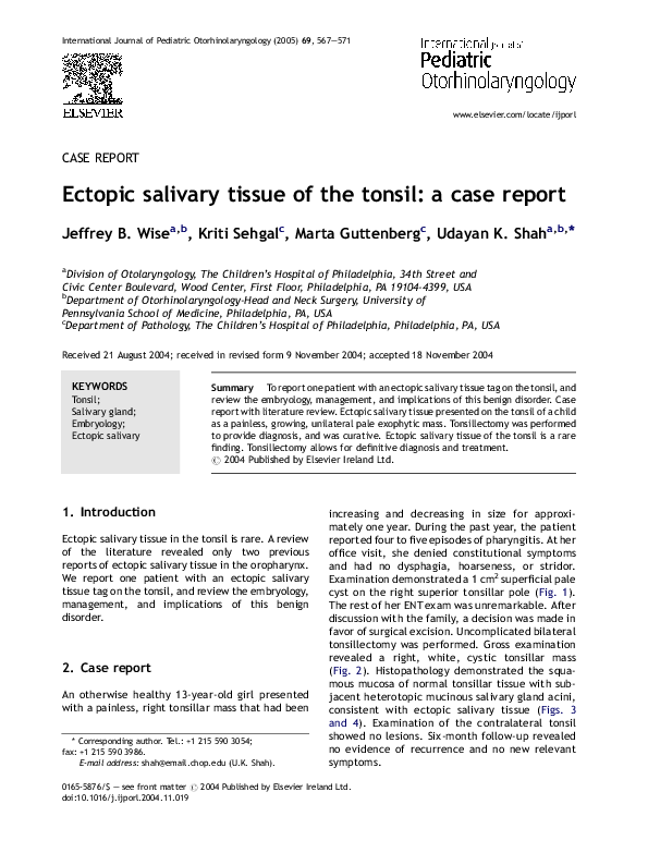 (PDF) Ectopic salivary tissue of the tonsil: a case report