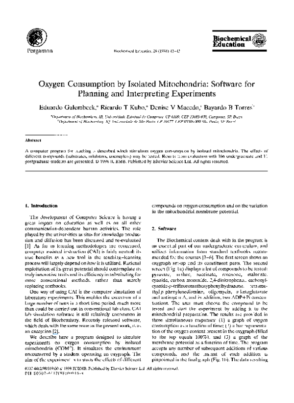 (PDF) Oxygen consumption by isolated mitochondria: Software for ...