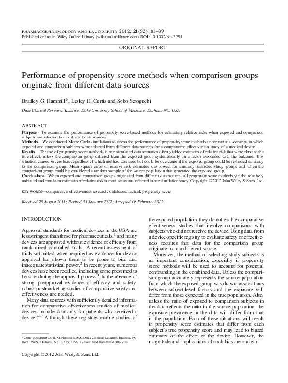 (PDF) Performance of propensity score methods when comparison groups originate from different ...