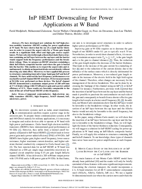 (PDF) InP HEMT downscaling for power applications at W band