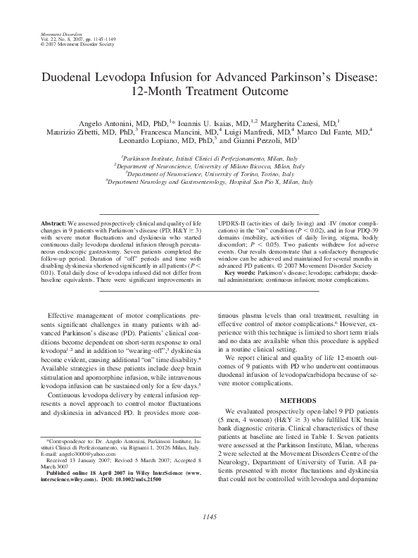(PDF) Duodenal levodopa infusion for advanced Parkinson's disease: 12 ...