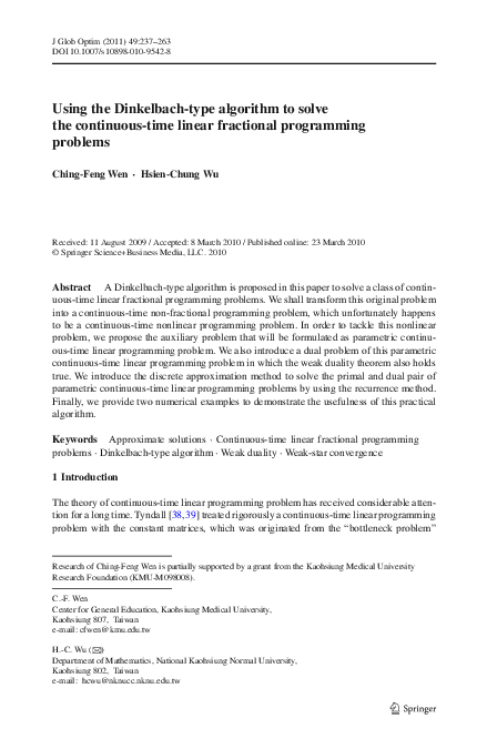 Pdf Using The Dinkelbach Type Algorithm To Solve The Continuous Time Linear Fractional