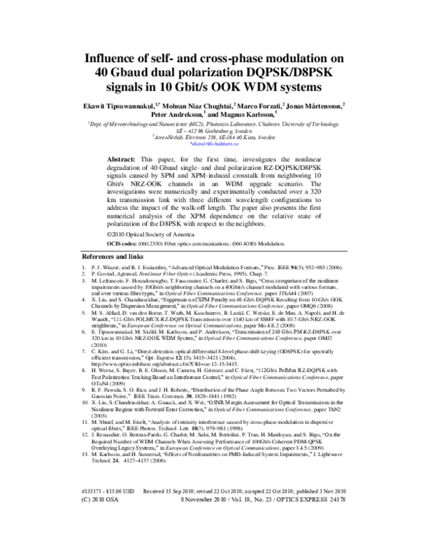 Pdf Influence Of Self And Cross Phase Modulation On 40 Gbaud Dual