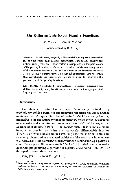 Pdf On Differentiable Exact Penalty Functions Salvador Pintos 