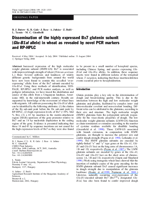 (PDF) Dissemination of the highly expressed Bx7 glutenin subunit ( Glu ...