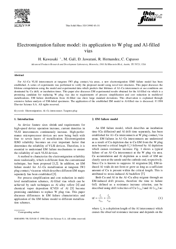 (PDF) Electromigration failure model: its application to W plug and Al ...