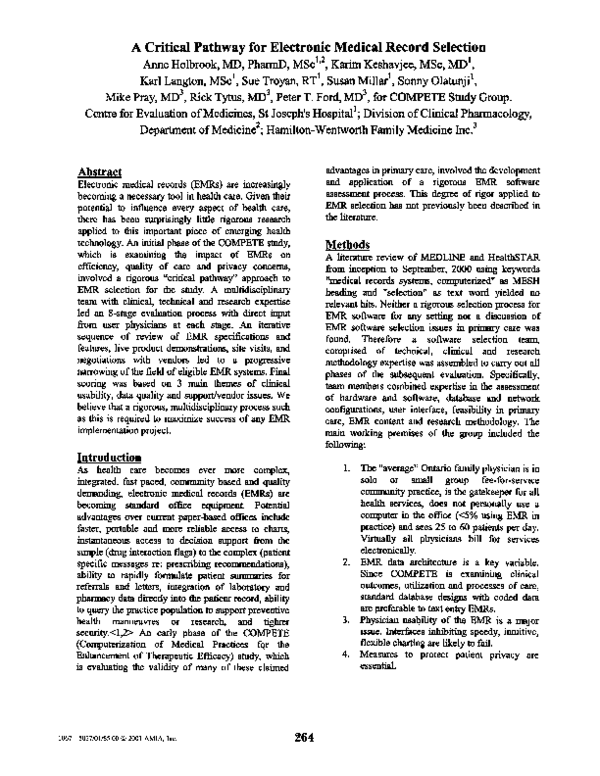 (PDF) A Critical Pathway for Electronic Medical Record Selection