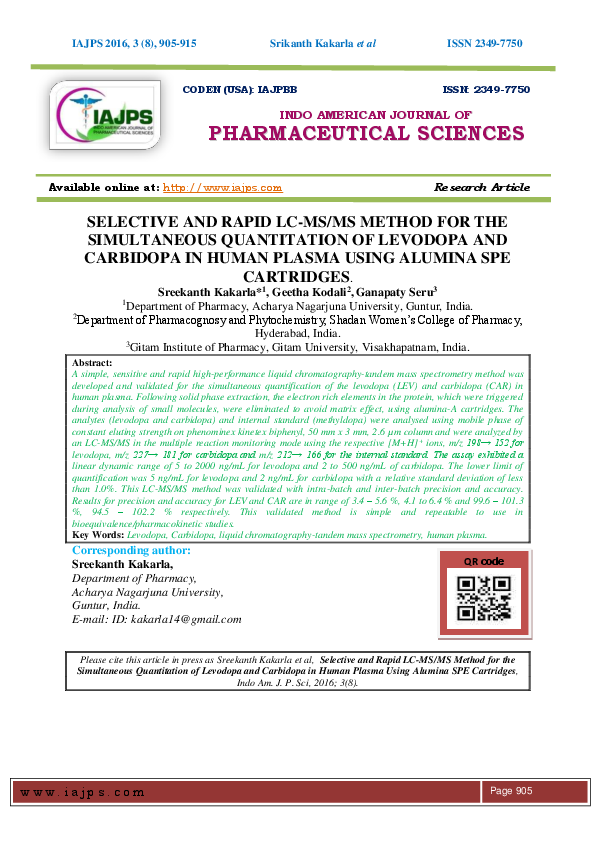 (PDF) SELECTIVE AND RAPID LC-MS/MS METHOD FOR THE SIMULTANEOUS QUANTITATION OF LEVODOPA AND ...