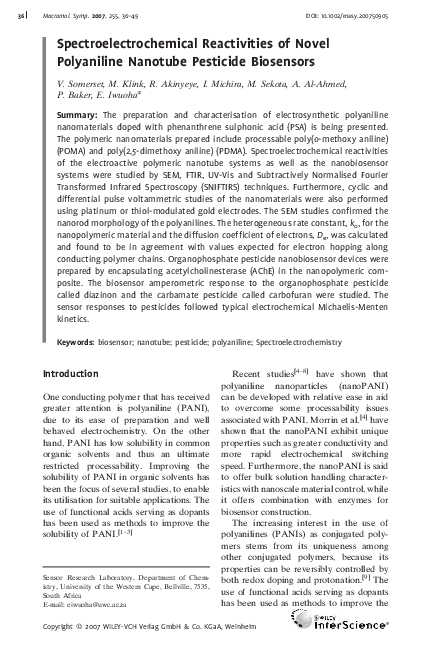 (PDF) Spectroelectrochemical Reactivities of Novel Polyaniline Nanotube Pesticide Biosensors