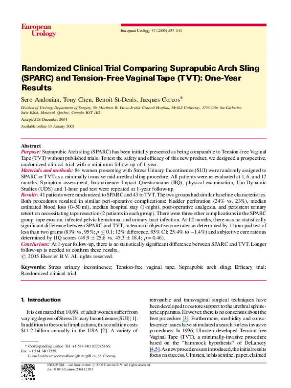(PDF) Randomized Clinical Trial Comparing Suprapubic Arch Sling (SPARC ...
