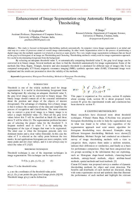 Pdf Enhancement Of Image Segmentation Osing Automatic Histogram Thresholding