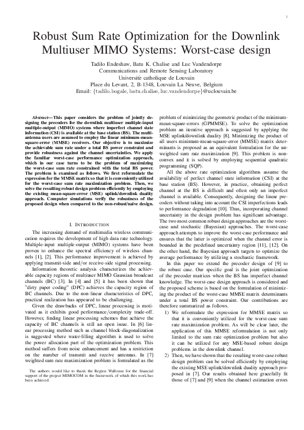 Pdf Robust Sum Rate Optimization For The Downlink Multiuser Mimo Systems Worst Case Design