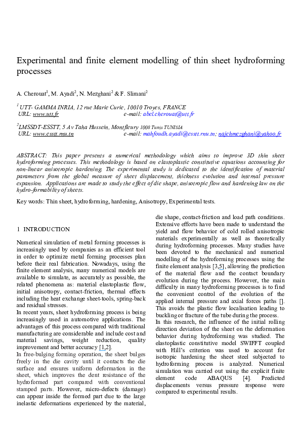 (PDF) Experimental and finite element modelling of thin sheet hydroforming processes