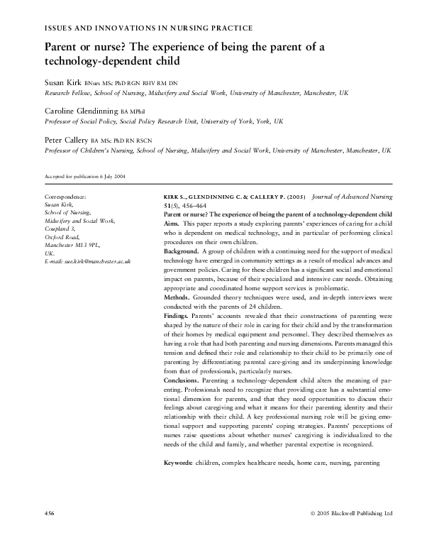(PDF) Parent or nurse? The experience of being the parent of a technology-dependent child