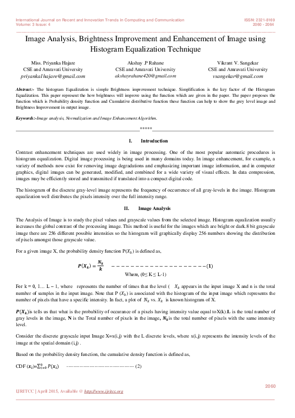 (PDF) Image Analysis, Brightness Improvement and Enhancement of Image using Histogram ...