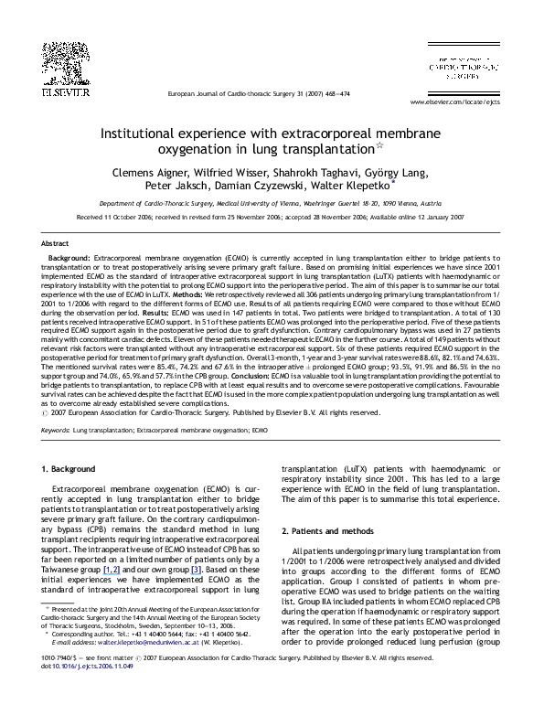 (PDF) Institutional experience with extracorporeal membrane oxygenation in lung transplantation