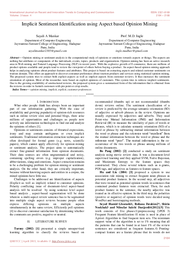Pdf Implicit Sentiment Identification Using Aspect Based Opinion Mining