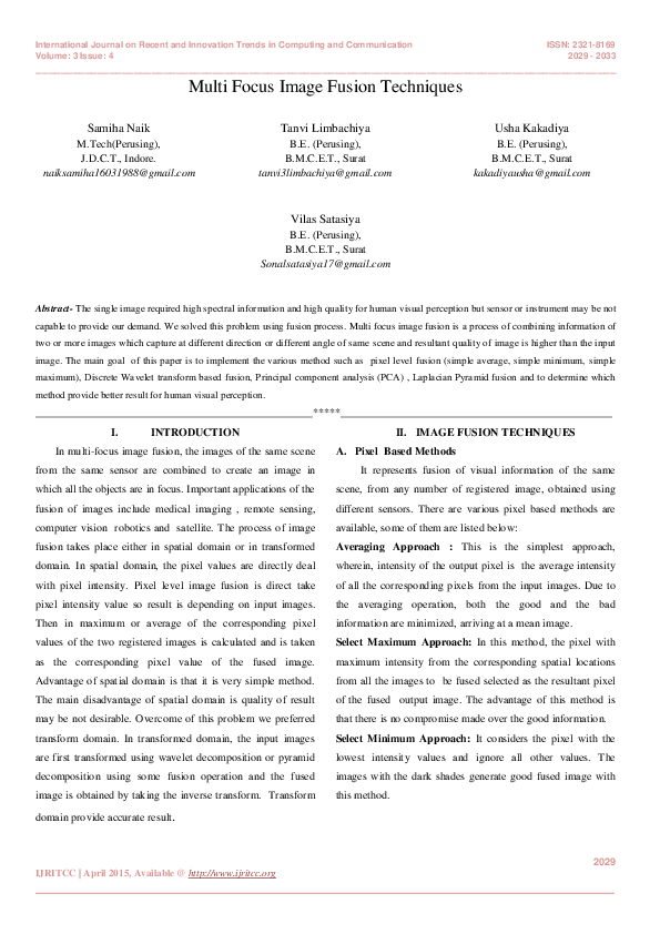 (PDF) Multi Focus Image Fusion Techniques