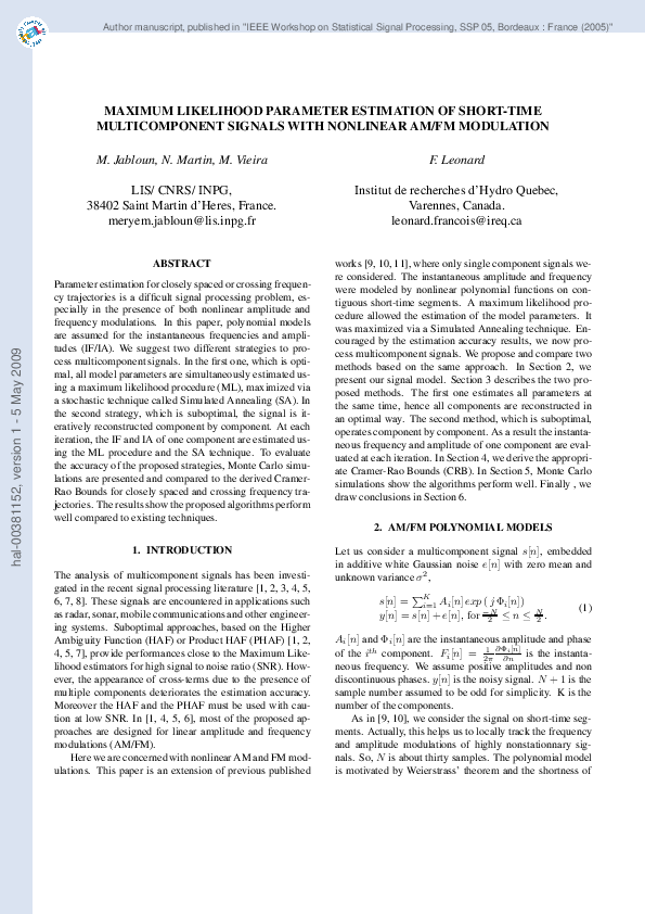 (PDF) Maximum likelihood parameter estimation of short-time multicomponent signals with ...