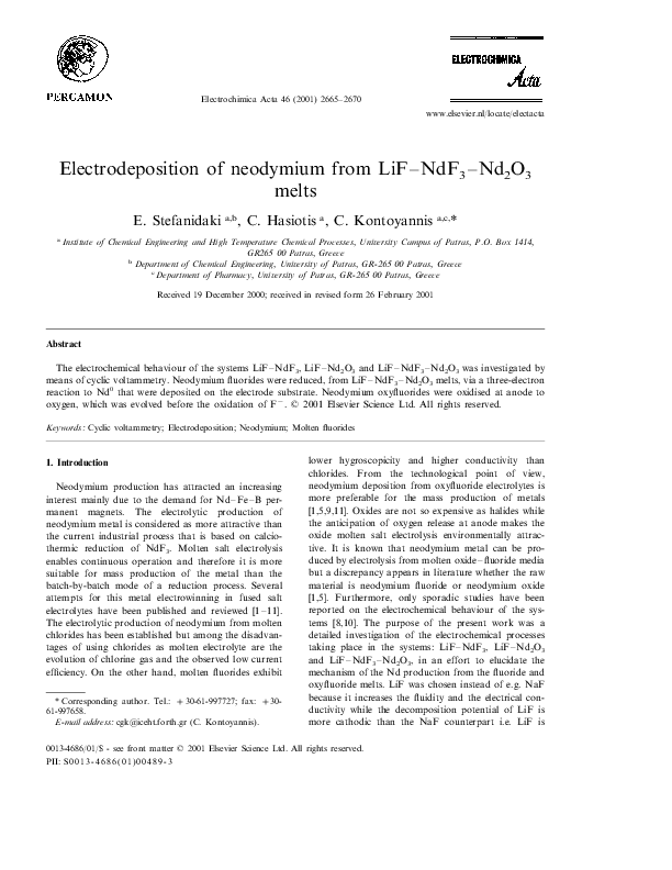 (PDF) Electrodeposition of neodymium from LiF–NdF3–Nd2O3 melts