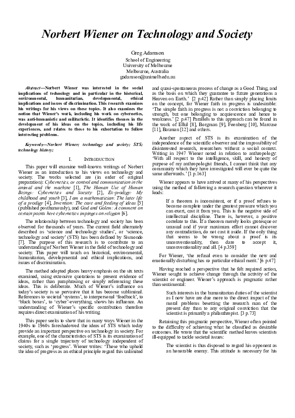 (DOC) Norbert Wiener on technology and society