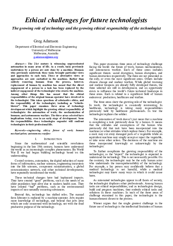 (DOC) Ethical challenges for future technologists The growing role of ...