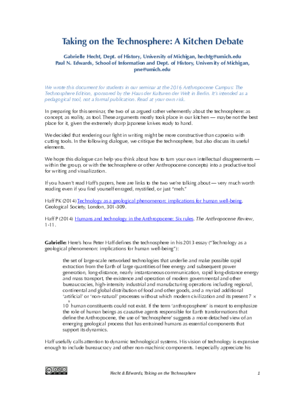 (PDF) Taking on the Technosphere: A Kitchen Debate