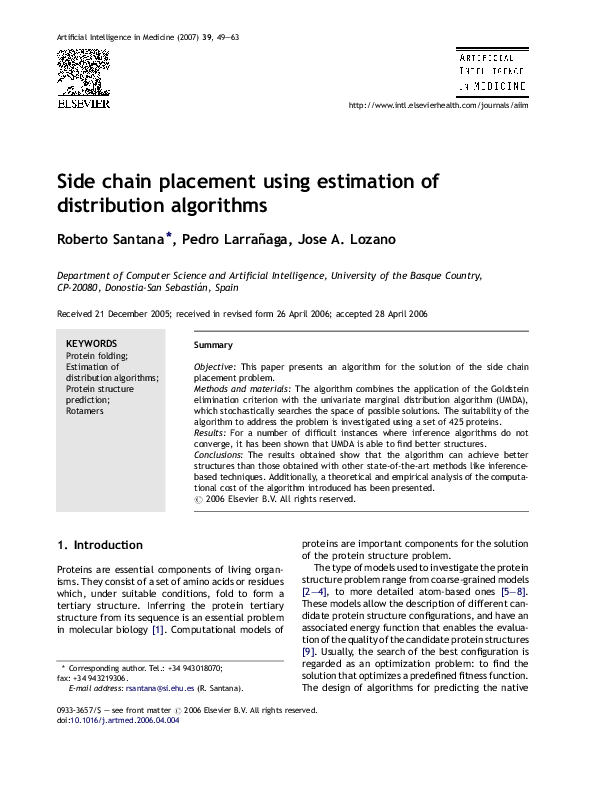 (PDF) Side chain placement using estimation of distribution algorithms