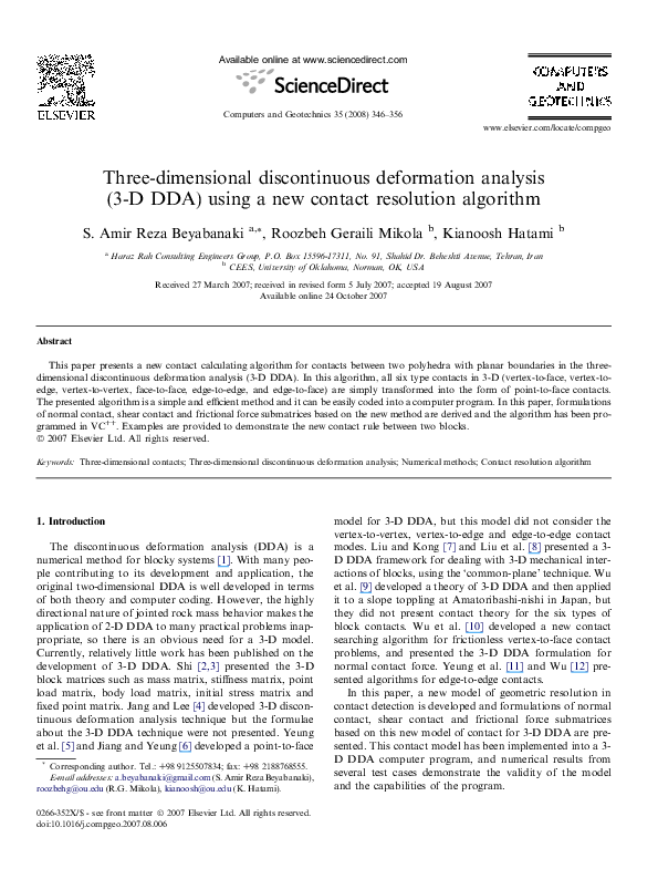 Pdf Three Dimensional Discontinuous Deformation Analysis 3 D Dda Using A New Contact 
