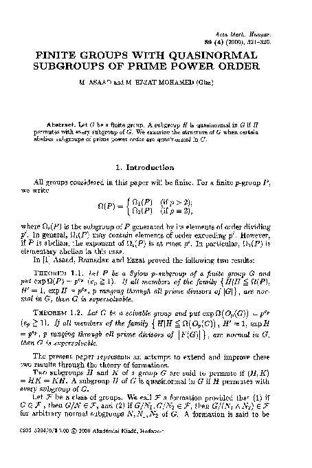 (PDF) Finite Groups with Quasinormal Subgroups of Prime Power Order