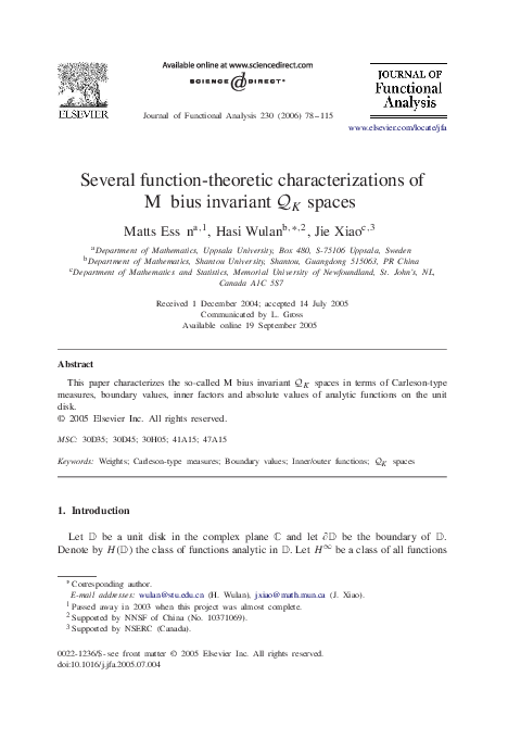 (PDF) Several function-theoretic characterizations of Möbius invariant Q K spaces