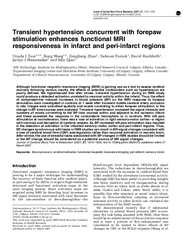 (PDF) Transient hypertension concurrent with forepaw stimulation ...