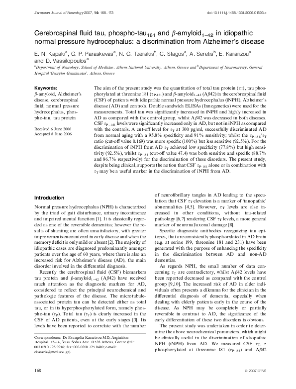 (PDF) Cerebrospinal fluid tau, phospho-tau 181 and ?-amyloid 1?42 in idiopathic normal pressure ...