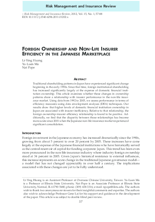 (PDF) Foreign Ownership and Non‐Life Insurer Efficiency in the Japanese ...