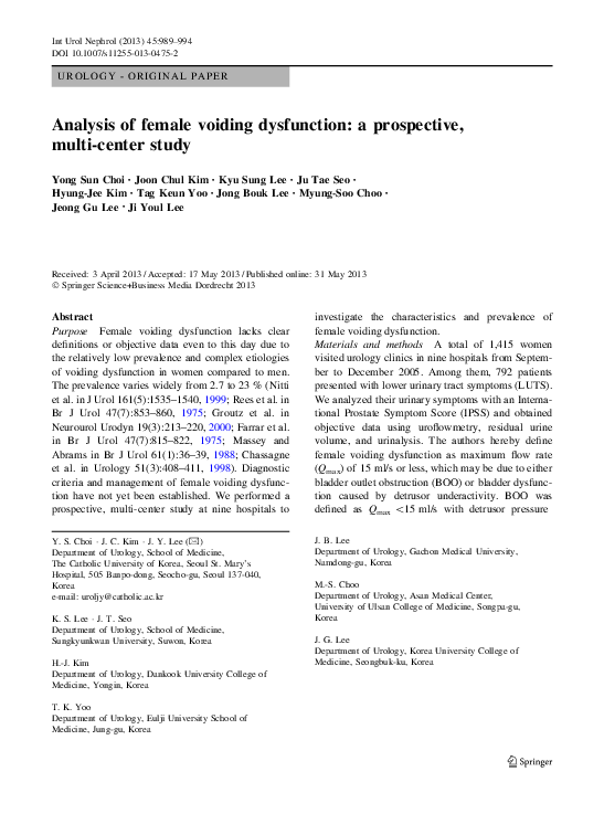(PDF) Analysis of female voiding dysfunction: a prospective, multi ...