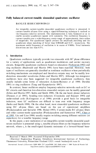 (PDF) Fully balanced current-tunable sinusoidal quadrature oscillator