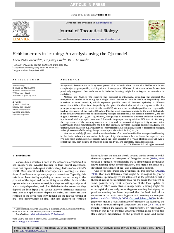 (PDF) Hebbian Learning Errors: Insights from the Oja Model