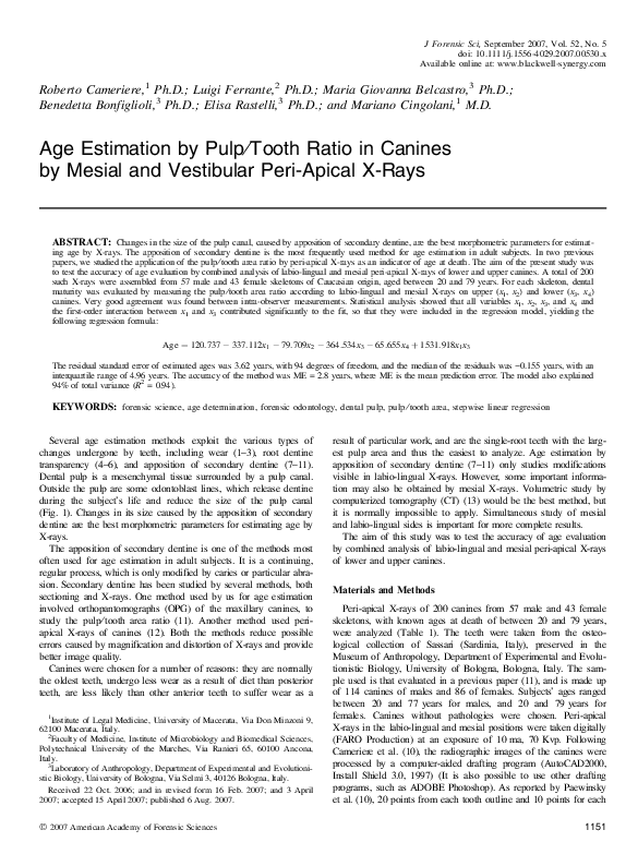 (PDF) Age Estimation by Pulp/Tooth Ratio in Canines by Mesial and Vestibular Peri-Apical X-Rays