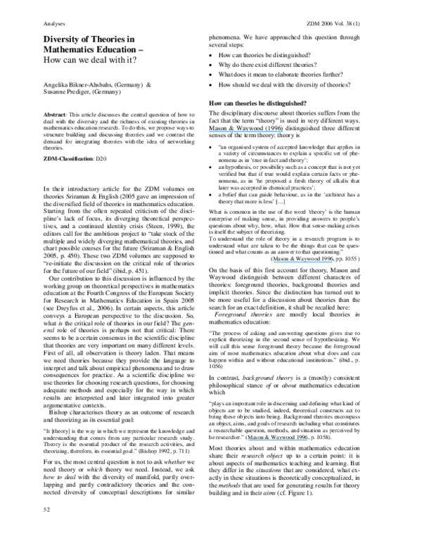 (PDF) Diversity of theories in mathematics education—How can we deal ...