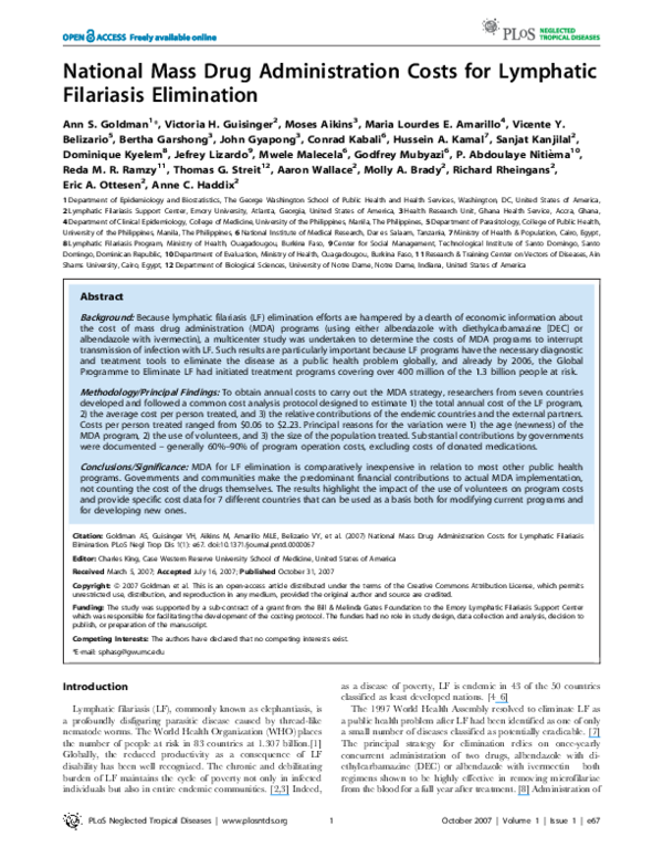 (PDF) National Mass Drug Administration Costs for Lymphatic Filariasis ...