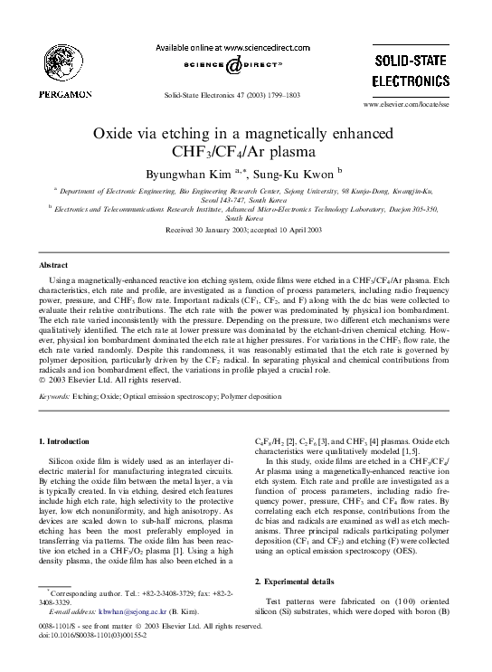 (PDF) Oxide via etching in a magnetically enhanced CHF 3/CF 4/Ar plasma