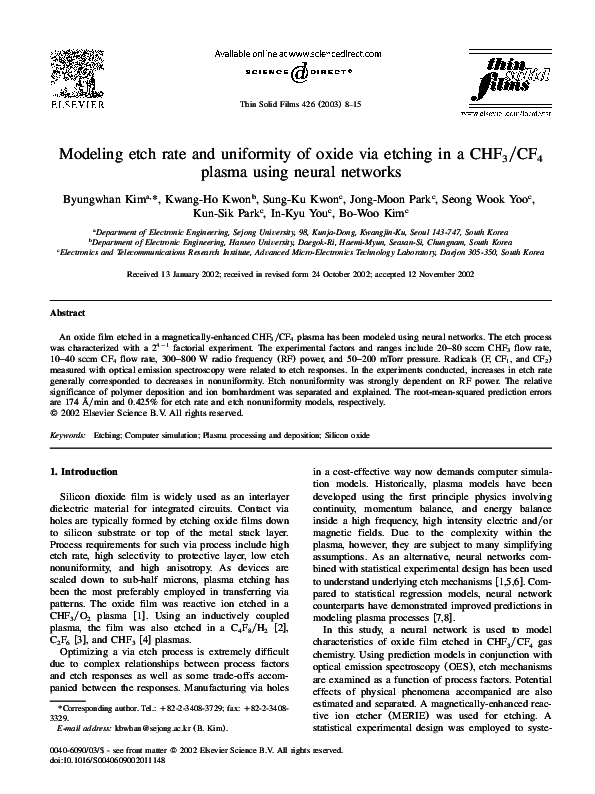 Pdf Modeling Etch Rate And Uniformity Of Oxide Via Etching In A Chf 3