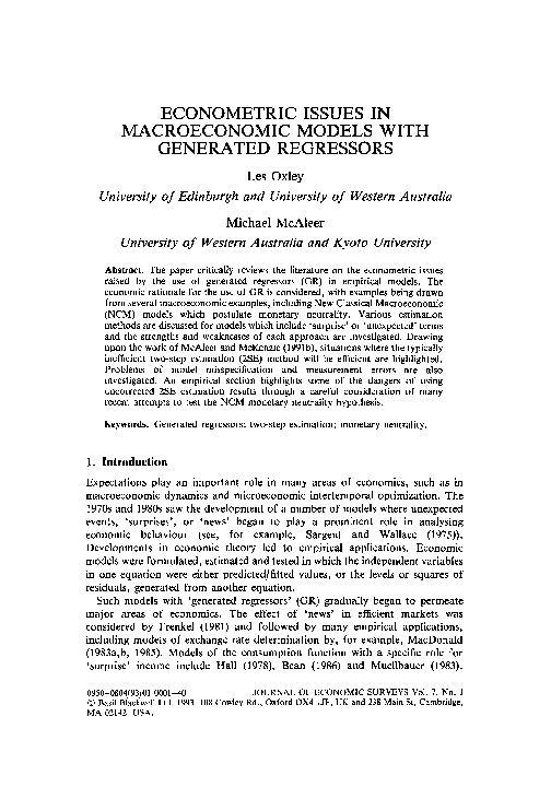 (PDF) Econometric Issues in Macroeconomic Models with Generated Regressors