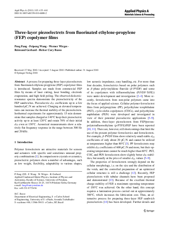 (PDF) Three-layer piezoelectrets from fluorinated ethylene-propylene ...
